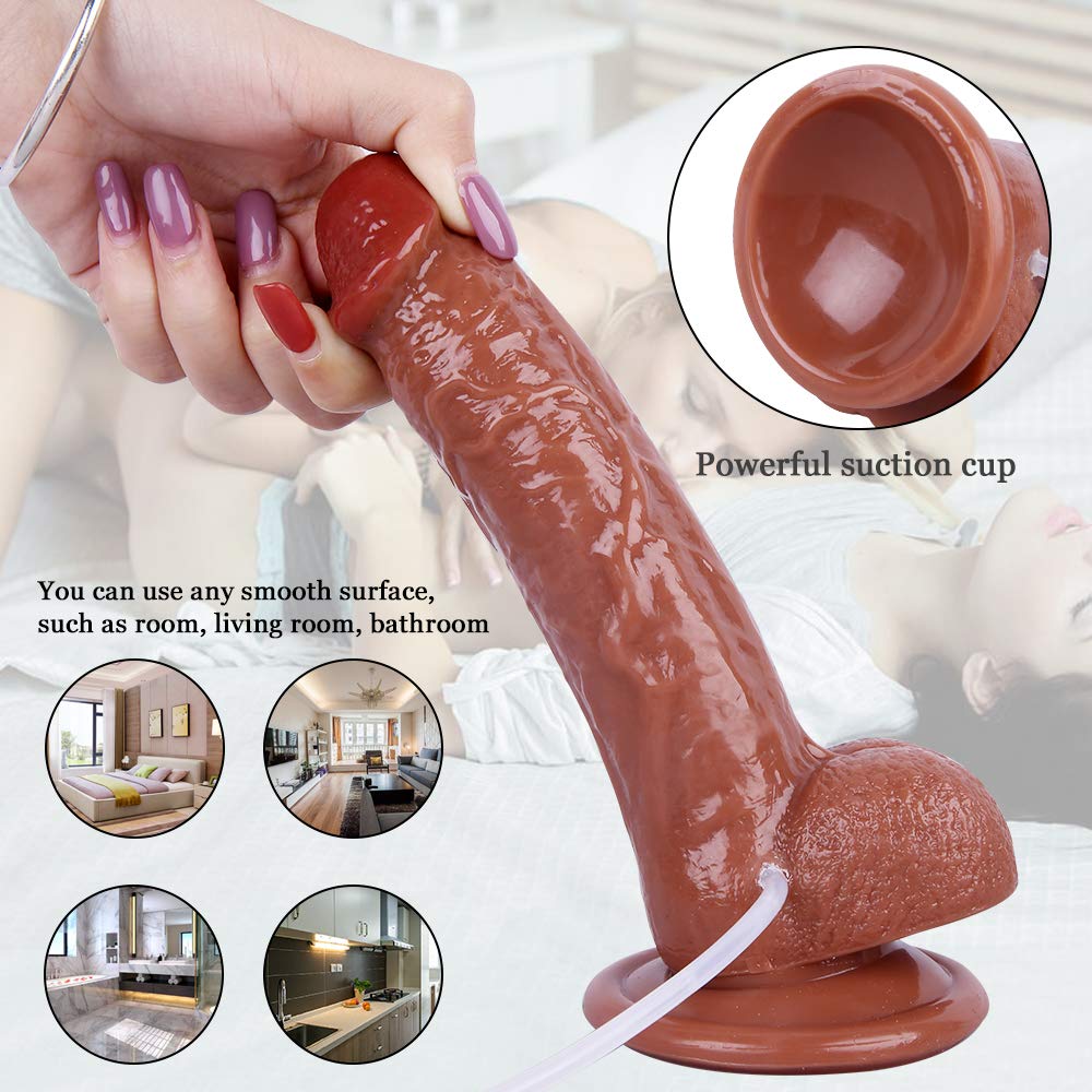 Squirting Dildo with Powerful Suction Cup Design Silicone Ejaculation Dildo for Hands Free Play Soft Realistic Dildo with Curved Stem and Balls Adult Sex Toys for Female G-Spot and Anal Prostate