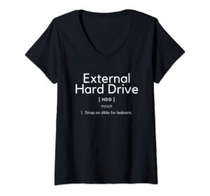 womens external hard drive lgbtq+ strap on dildo gift for lesbian v-neck t-shirt