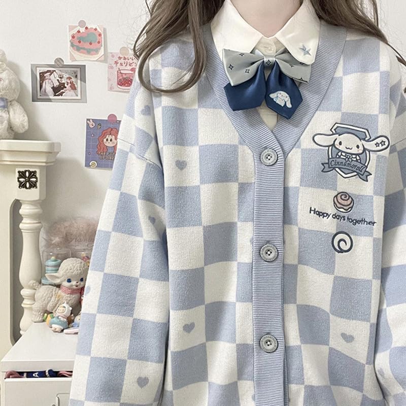 Kawaii Sweater Anime Blue Plaid Cardigan Sweaters for Women Cosplay Costume V Neck Long Sleeve Women's Button Knitted Outerwear JK Uniform M