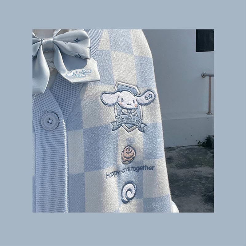 Kawaii Sweater Anime Blue Plaid Cardigan Sweaters for Women Cosplay Costume V Neck Long Sleeve Women's Button Knitted Outerwear JK Uniform M