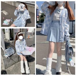 Kawaii Sweater Anime Blue Plaid Cardigan Sweaters for Women Cosplay Costume V Neck Long Sleeve Women's Button Knitted Outerwear JK Uniform M