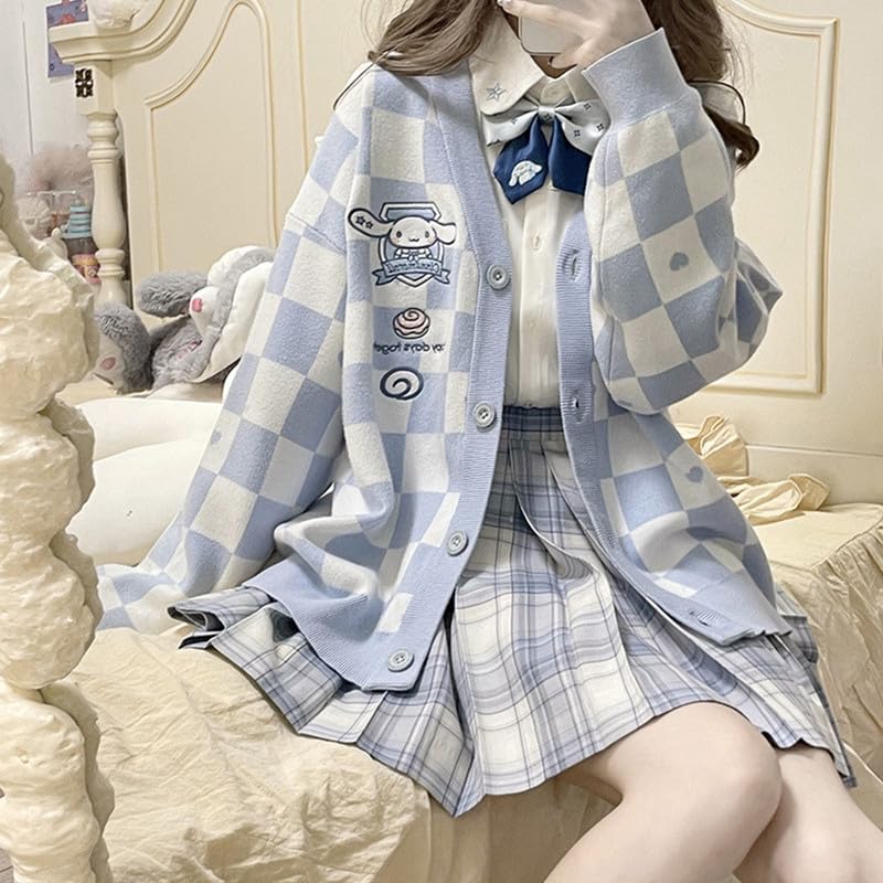 Kawaii Sweater Anime Blue Plaid Cardigan Sweaters for Women Cosplay Costume V Neck Long Sleeve Women's Button Knitted Outerwear JK Uniform M