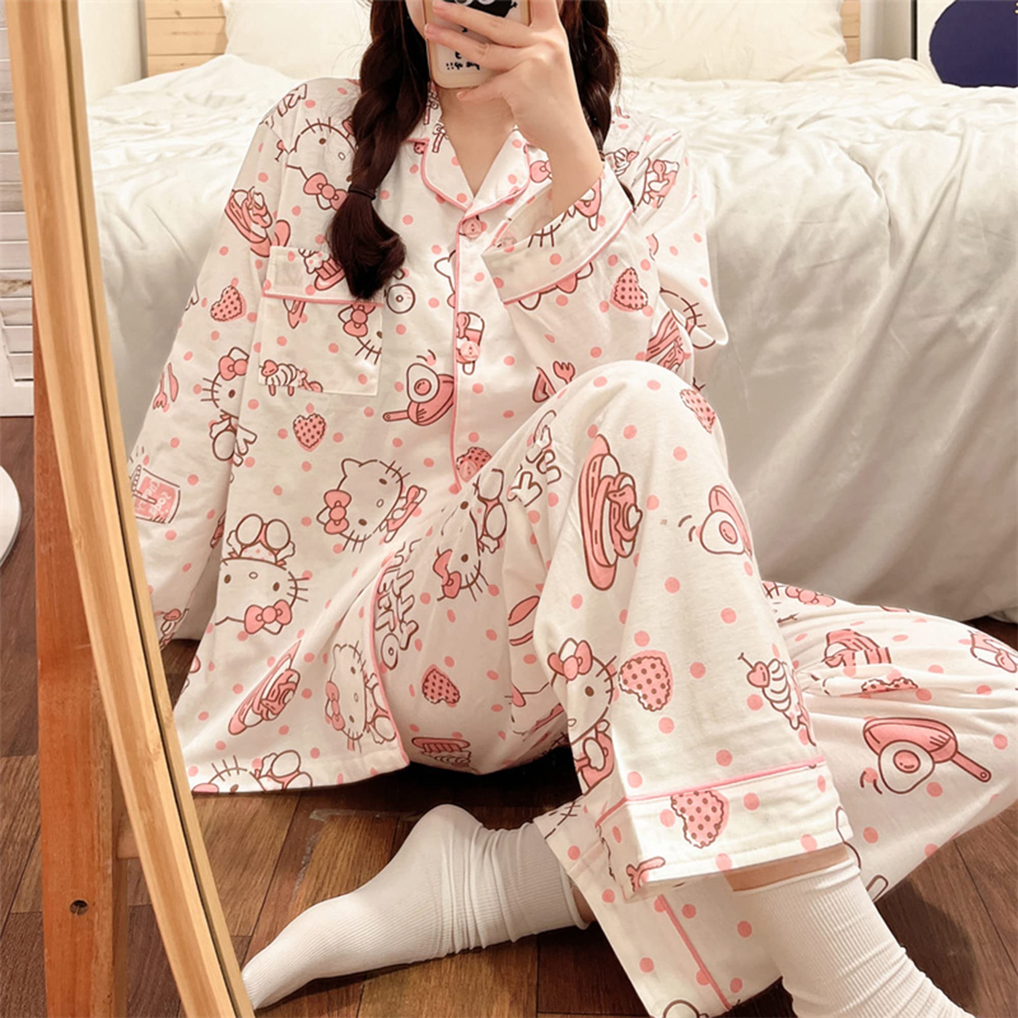 Cute Fashion Long Sleeve Cardigan Pajamas Set Kawaii Leisure Loose Two-Piece Sleepwear Set For Women Girls-M