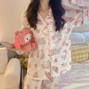 Cute Fashion Long Sleeve Cardigan Pajamas Set Kawaii Leisure Loose Two-Piece Sleepwear Set For Women Girls-M