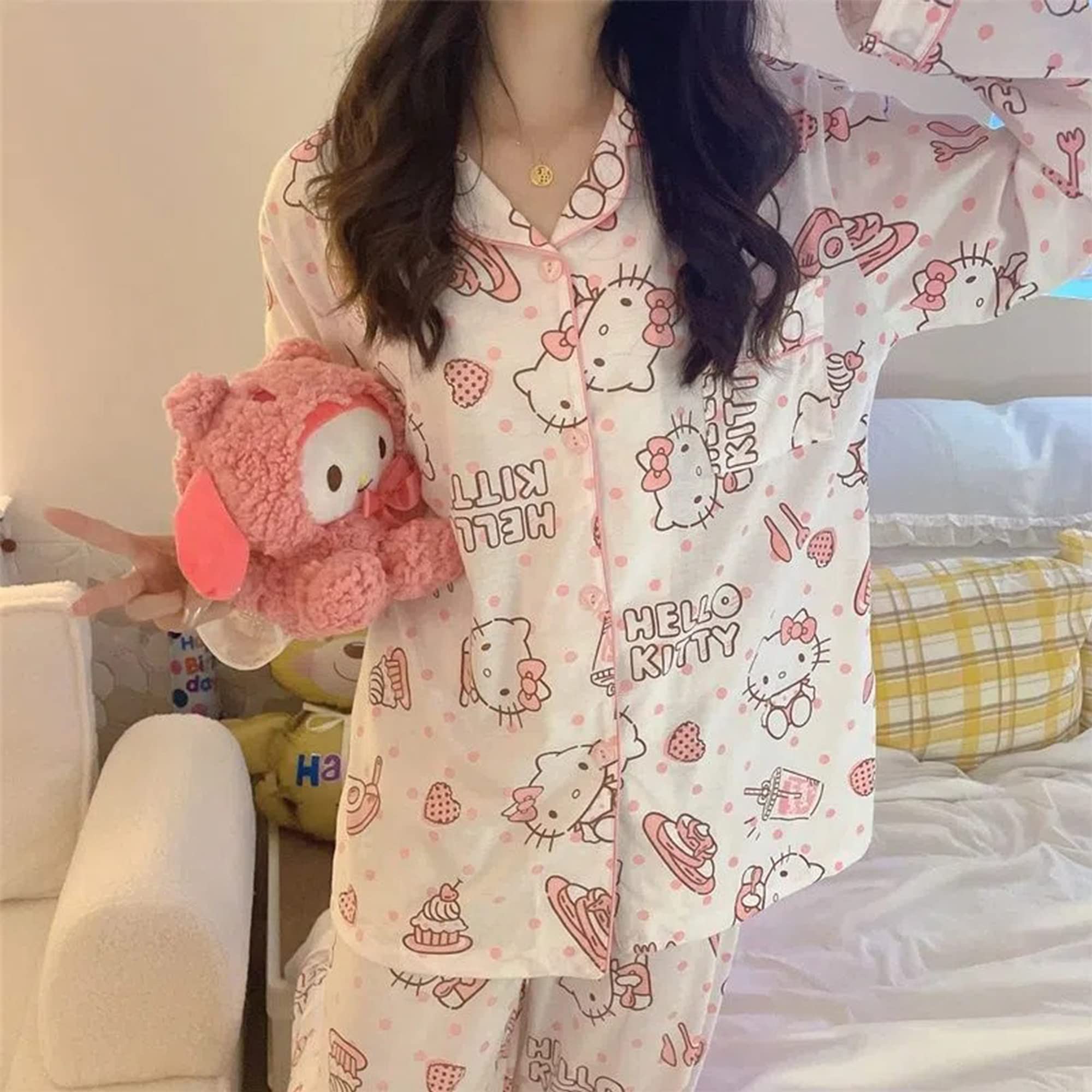 Cute Fashion Long Sleeve Cardigan Pajamas Set Kawaii Leisure Loose Two-Piece Sleepwear Set For Women Girls-M