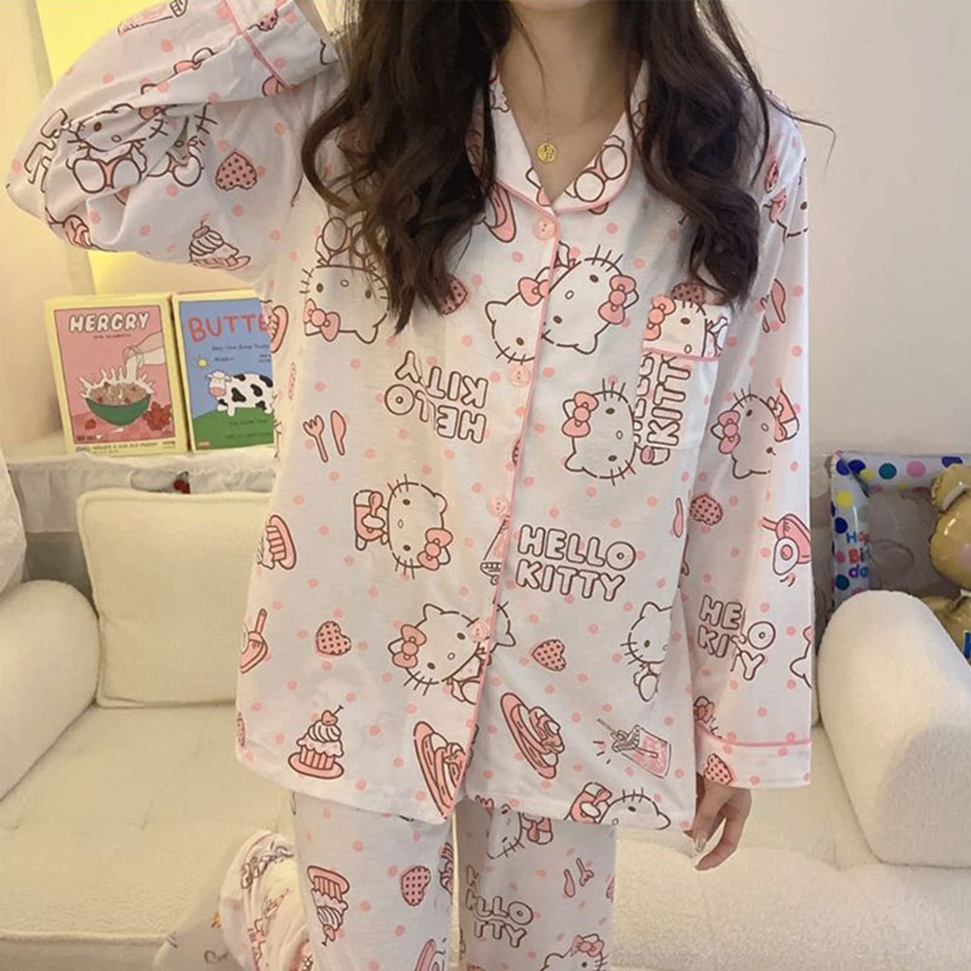 Cute Fashion Long Sleeve Cardigan Pajamas Set Kawaii Leisure Loose Two-Piece Sleepwear Set For Women Girls-M