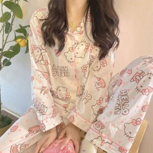 Cute Fashion Long Sleeve Cardigan Pajamas Set Kawaii Leisure Loose Two-Piece Sleepwear Set For Women Girls-M