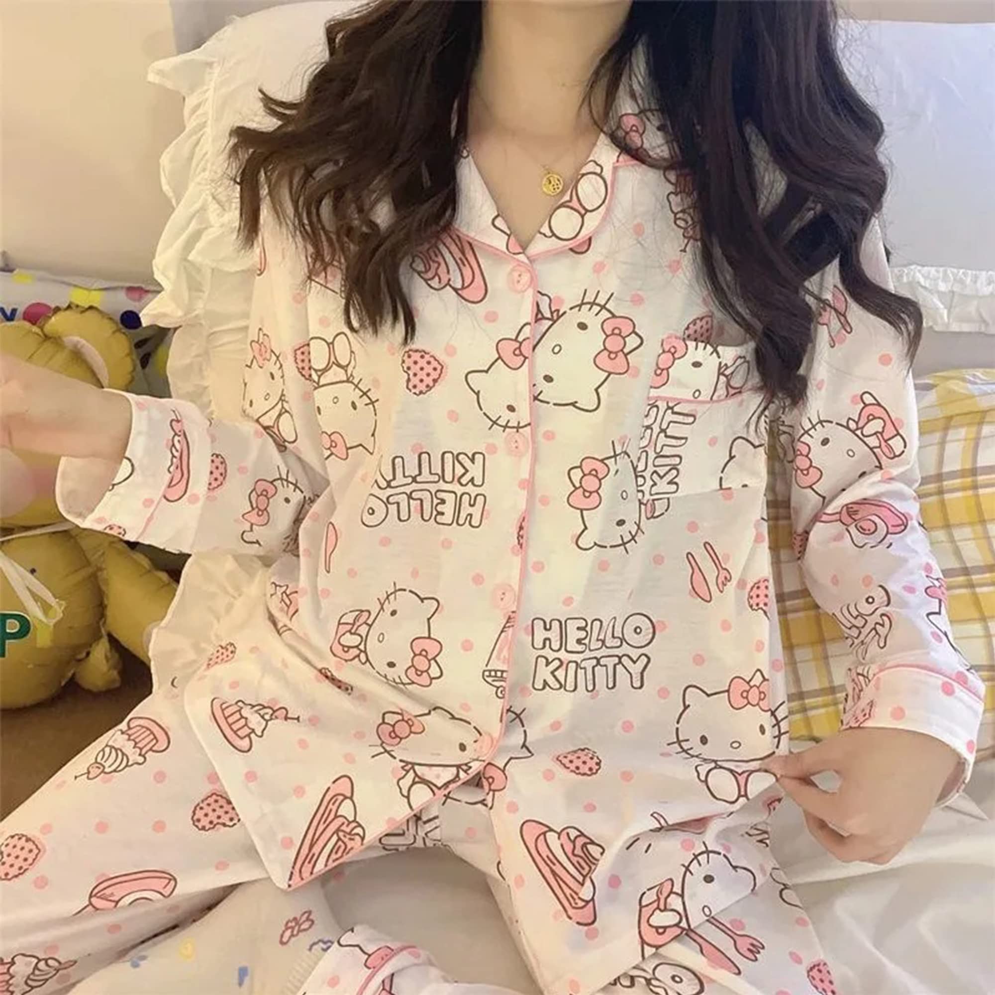 Cute Fashion Long Sleeve Cardigan Pajamas Set Kawaii Leisure Loose Two-Piece Sleepwear Set For Women Girls-M