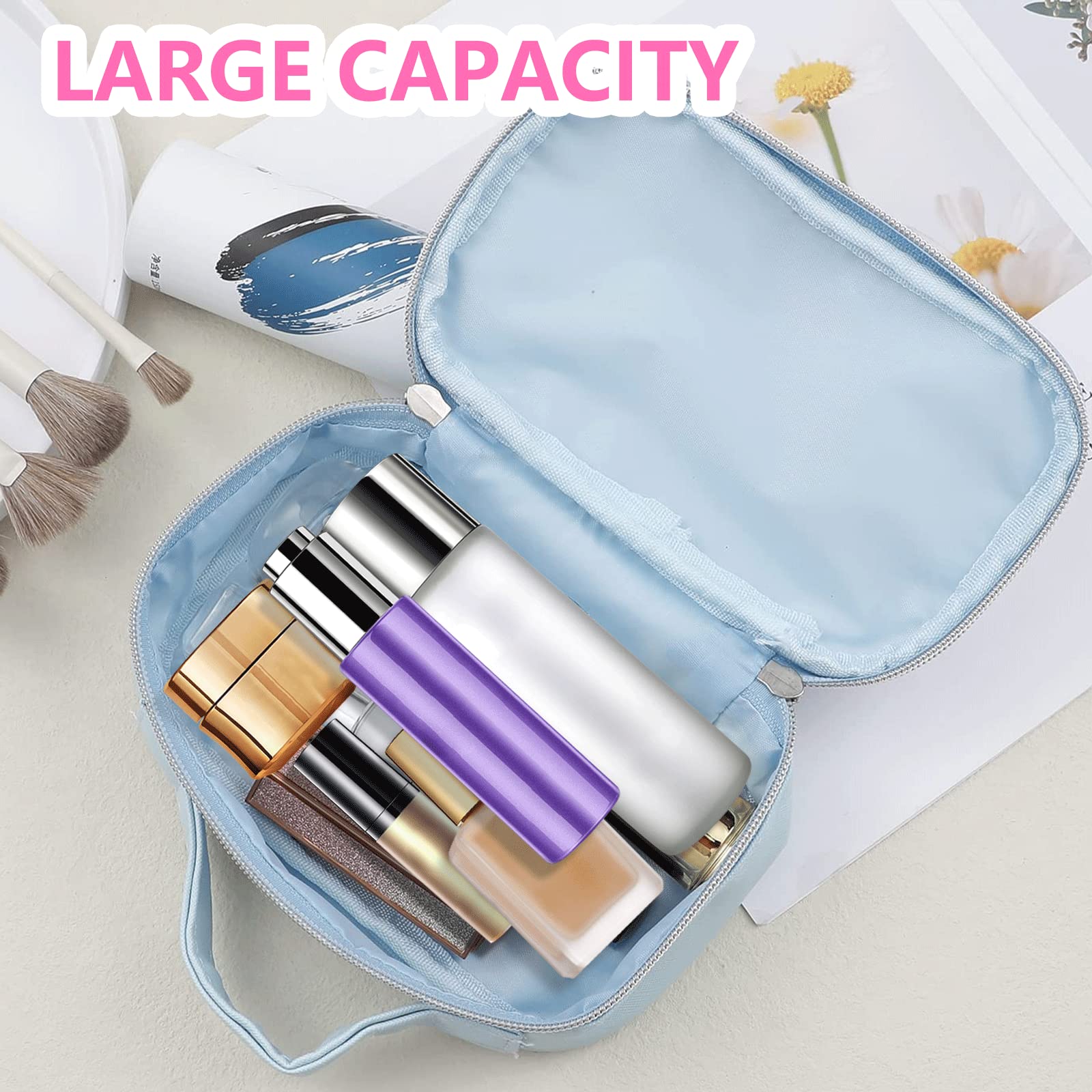 NGCJZF Kawaii Anime Makeup Bag, Cute Cartoon Cosmetics Bag, Mini Travel Toiletry Bag, Waterproof Reusable Faux Leather Makeup Accessories for Women (Blue)