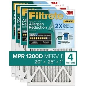 filtrete 20x25x1 air filter mpr 1200d merv 11, allergen reduction plus dust, 4-pack filters (exact dimensions 19.81x24.81x0.81)