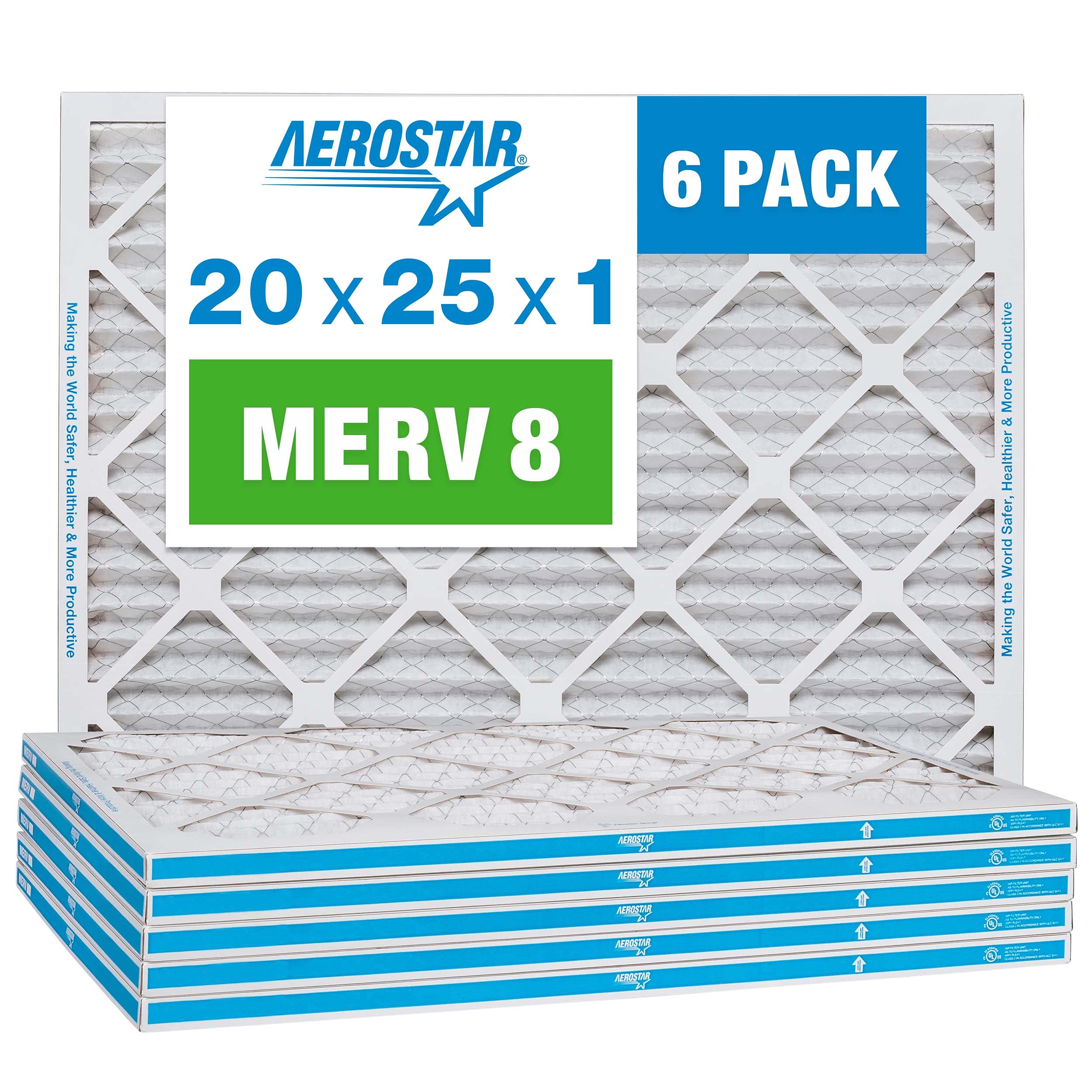 Aerostar 20x25x1 MERV 8 Pleated Air Filter, AC Furnace Air Filter, Actual Size: 19 3/4"x 24 3/4" x 3/4", (Pack of 6)