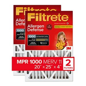 filtrete 20x25x4 air filter, mpr 1000, merv 11, allergen defense 12-month deep pleated 4-inch air filters, 2 filters