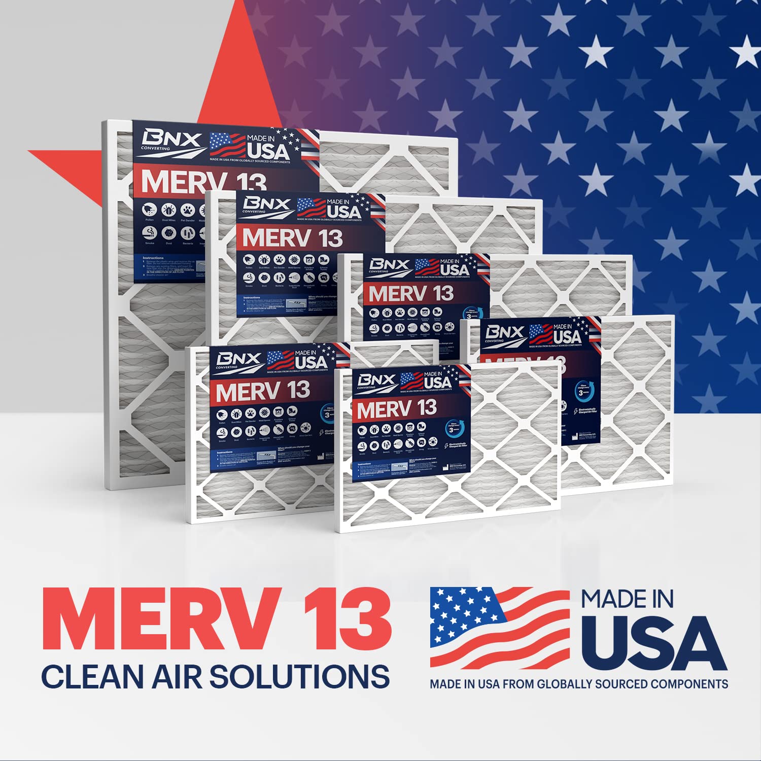 BNX TruFilter 20x25x1 Air Filter MERV 13 (6-Pack) - MADE IN USA - Electrostatic Pleated Air Conditioner HVAC AC Furnace Filters for Allergies, Pollen, Mold, Bacteria, Smoke, Allergen, MPR 1900 FPR 10