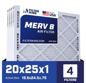 filter king 20x25x1 air filter | 4-pack | merv 8 hvac pleated a/c furnace filters | made in usa | actual size: 19.5 x 24.5 x .75"