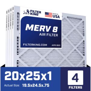 Filter King 20x25x1 Air Filter | 4-PACK | MERV 8 HVAC Pleated A/C Furnace Filters | MADE IN USA | Actual Size: 19.5 x 24.5 x .75"