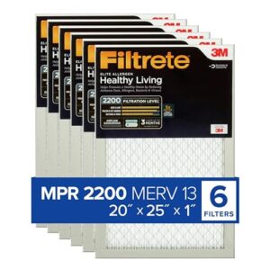 filtrete 20x25x1 ac furnace air filter, merv 13, mpr 2200, elite allergen, bacteria & virus filter, 3-month pleated 1-inch electrostatic air cleaning filter, 6-pack (actual size 19.69x24.69x0.78 in)