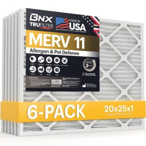 bnx trufilter 20x25x1 air filter merv 11 (6-pack) - made in usa - allergen defense electrostatic pleated air conditioner hvac ac furnace filters for allergies, dust, pet, smoke, allergy mpr 1200 fpr 7