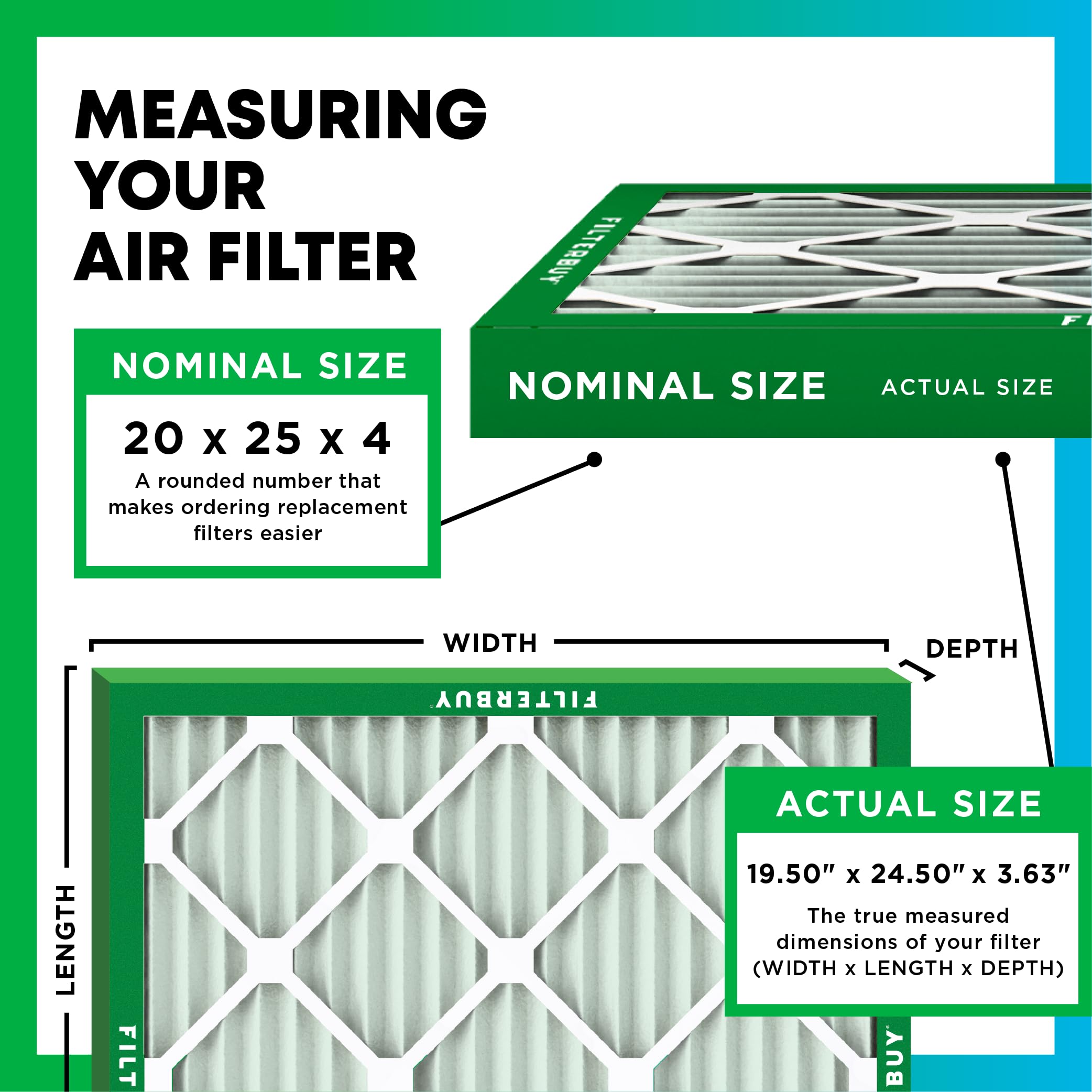 Filterbuy 20x25x4 Air Filter MERV 8 Dust Defense (1-Pack), Pleated HVAC AC Furnace Air Filters Replacement (Actual Size: 19.50 x 24.50 x 3.63 Inches)