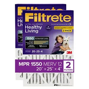 filtrete 20x25x4(slimfit), ac furnace air filter, mpr 1550 dp, healthy living ultra allergen deep pleat, 2-pack, fits lennox & honeywell devices (exact dimensions 19.5 x 24.5 x 3.75)