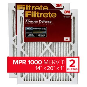 filtrete 14x20x1 ac furnace air filter, merv 11, mpr 1000, micro allergen defense, 3-month pleated 1-inch electrostatic air cleaning filter, 2 pack (actual size 13.781 x 19.781 x 0.84 in)