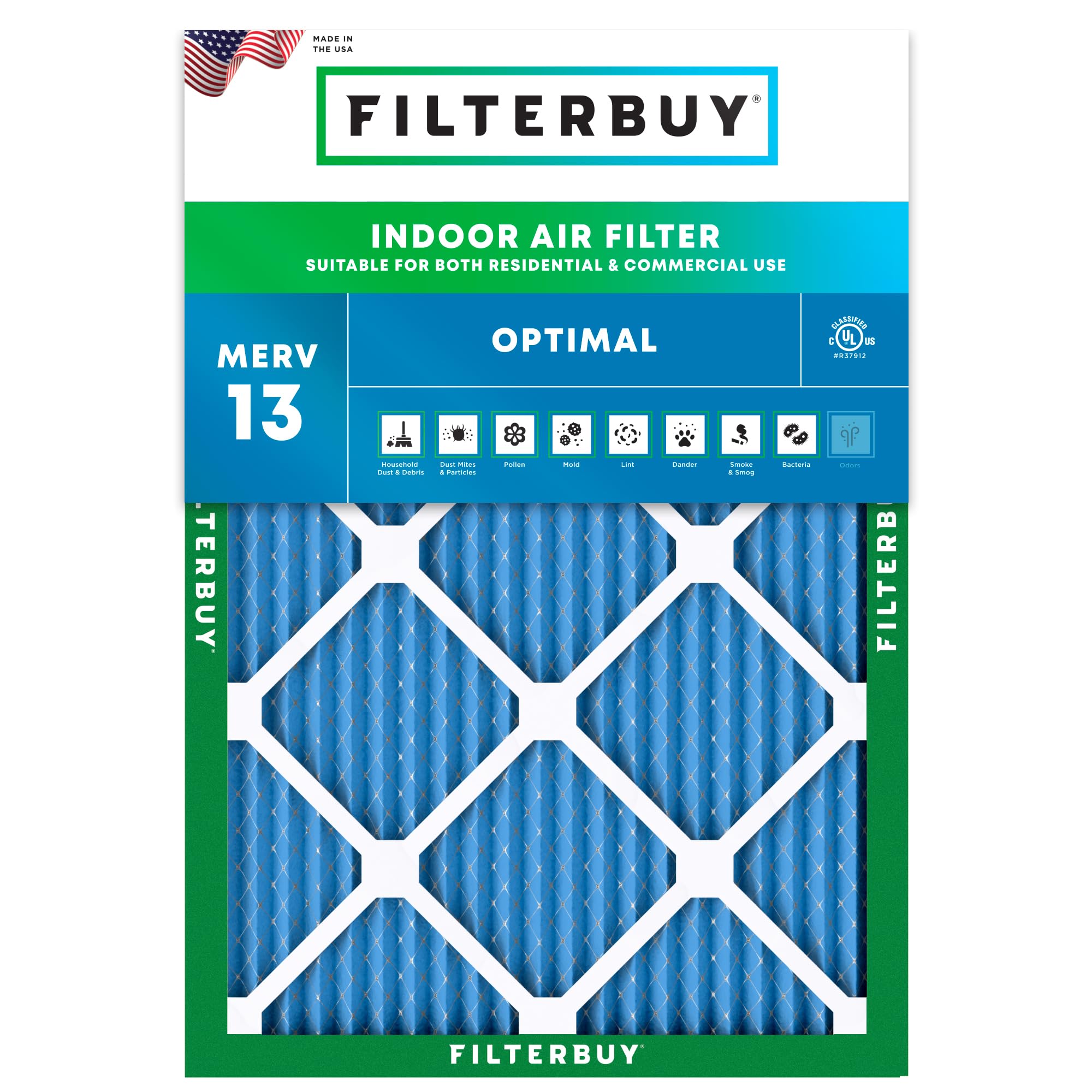 Filterbuy 20x25x2 Air Filter MERV 13 Optimal Defense (1-Pack), Pleated HVAC AC Furnace Air Filters Replacement (Actual Size: 19.50 x 24.50 x 1.75 Inches)