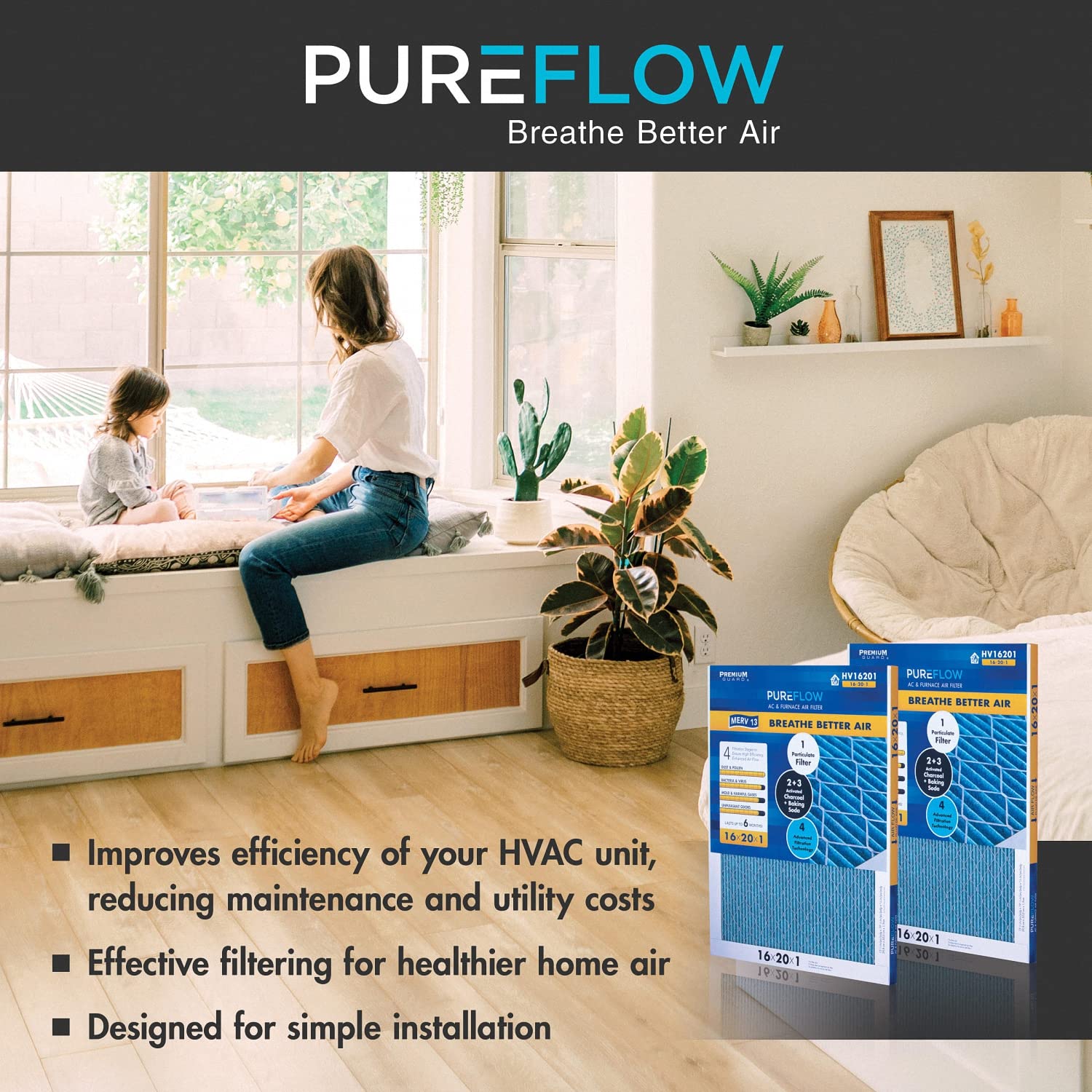 PureFlow, Home Furnace Air Filter 20x25x4, with 4 Layers of Advanced Filtration Technology, MERV-13 Pack-of-1