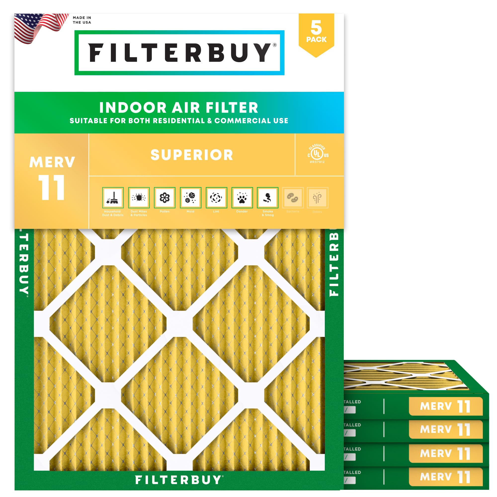 Filterbuy 20x25x1 Air Filter MERV 11 Allergen Defense (5-Pack), Pleated HVAC AC Furnace Air Filters Replacement (Actual Size: 19.50 x 24.50 x 0.75 Inches)