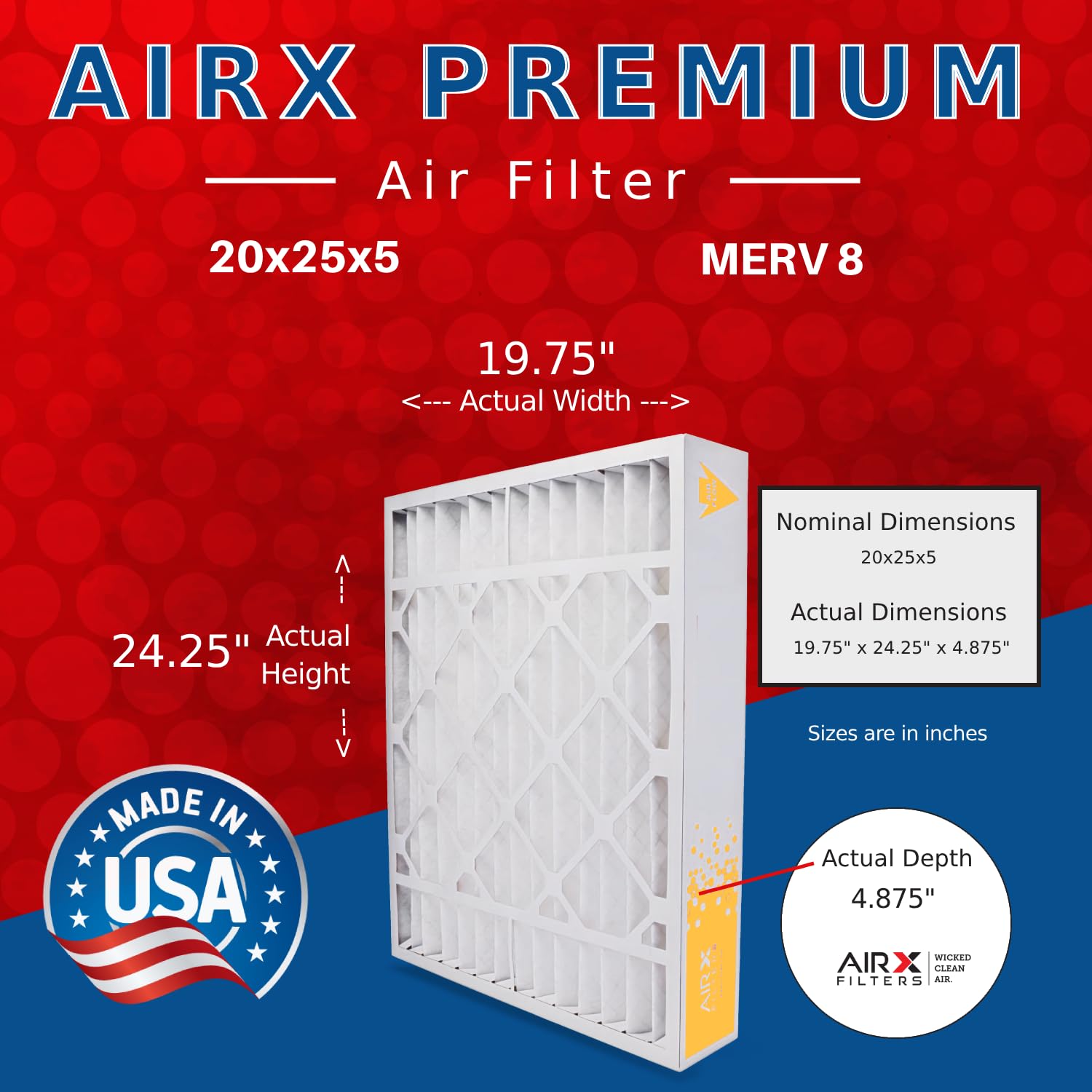 AIRX FILTERS WICKED CLEAN AIR. 20x25x5 Air Filter MERV 8 Compatible with Air Bear 255649-102 Furnace Filter 1 Single Filter