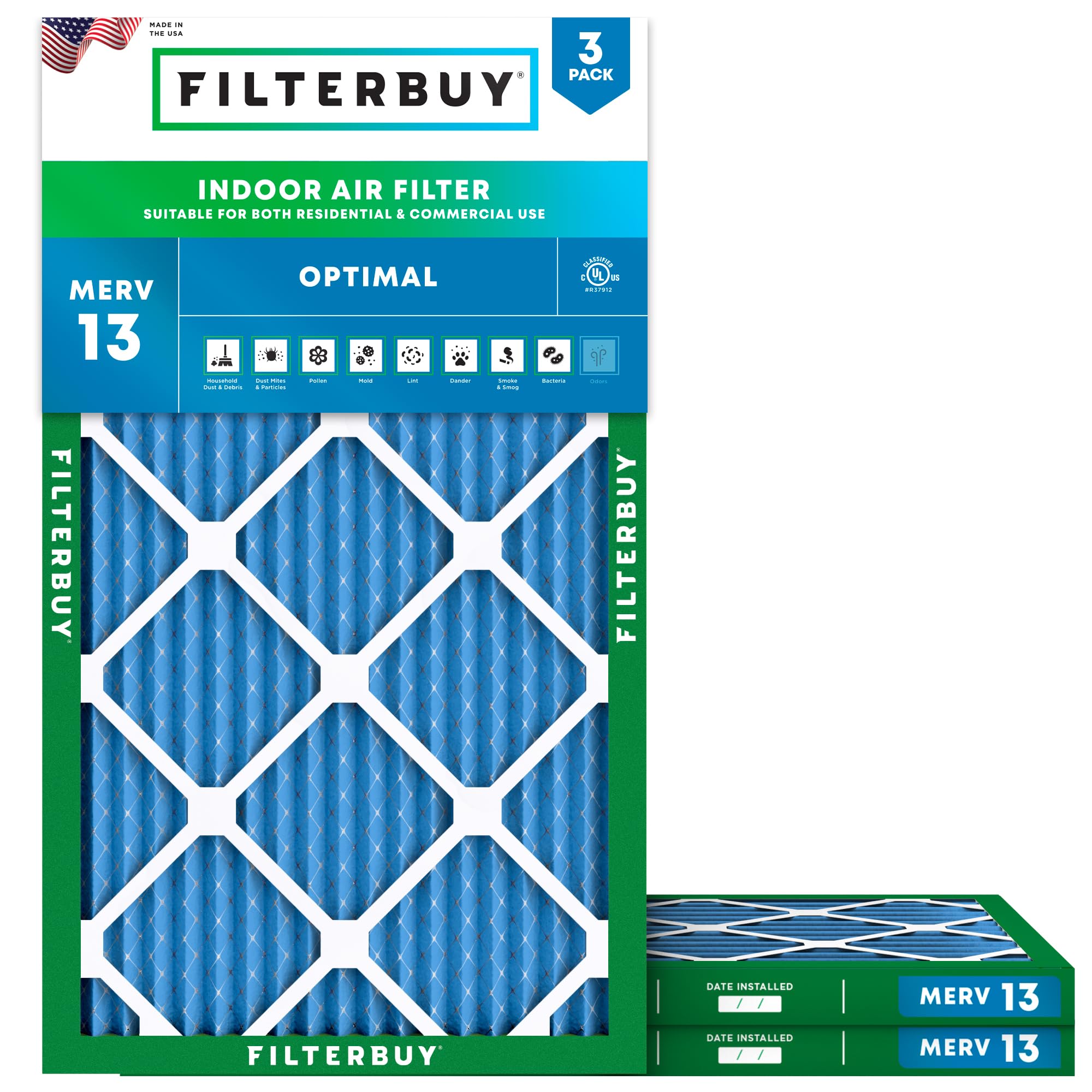 Filterbuy 20x36x1 Air Filter MERV 13 Optimal Defense (3-Pack), Pleated HVAC AC Furnace Air Filters Replacement (Actual Size: 19.50 x 35.50 x 0.75 Inches)