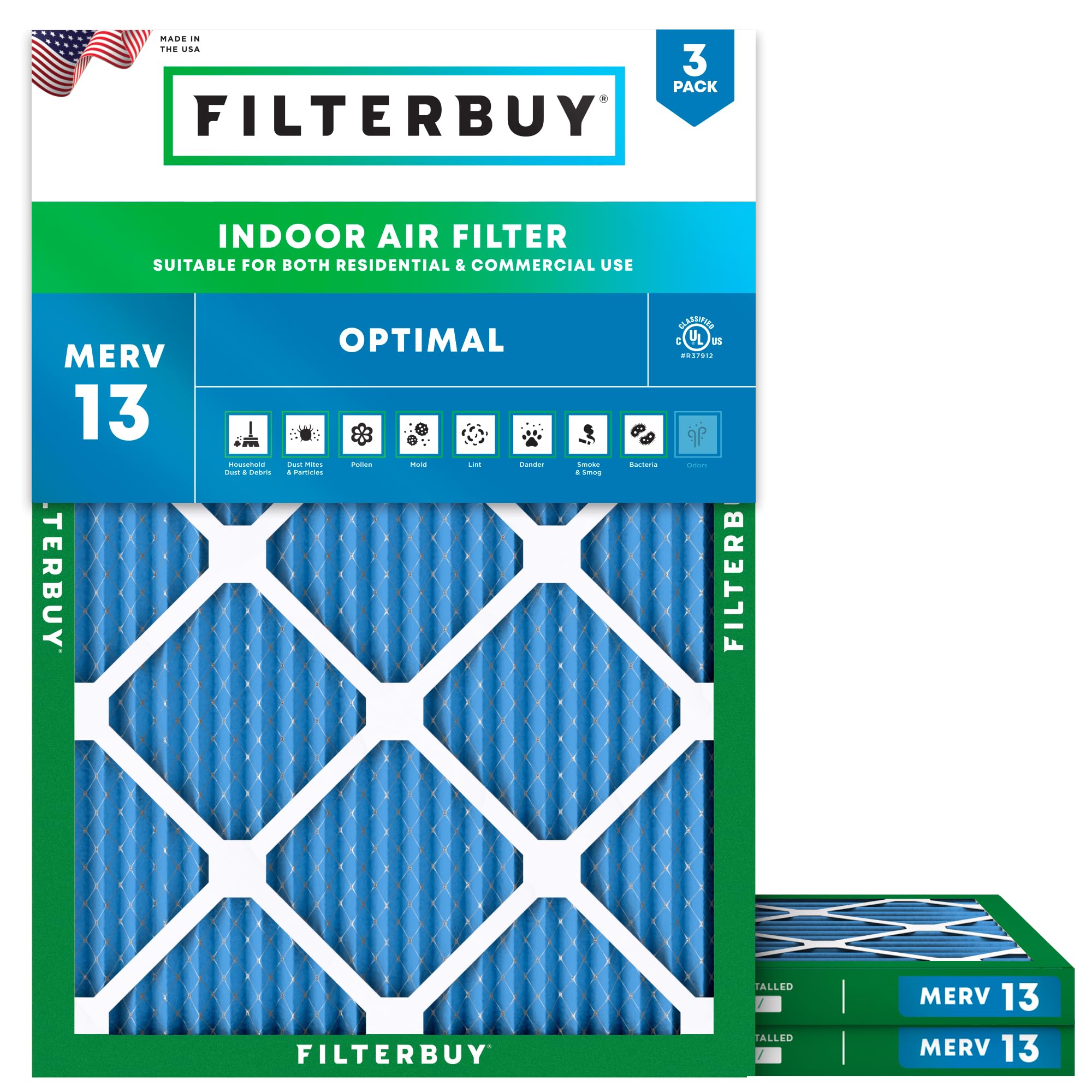 Filterbuy 20x23x1 Air Filter MERV 13 Optimal Defense (3-Pack), Pleated HVAC AC Furnace Air Filters Replacement (Actual Size: 19.50 x 22.50 x 0.75 Inches)