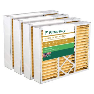 filterbuy 20x25x5 air filter merv 11 allergen defense (4-pack), pleated hvac ac furnace air filters for amana, coleman, gibson, goodman, york, and more (actual size: 20.18 x 25.31 x 5.25 inches)