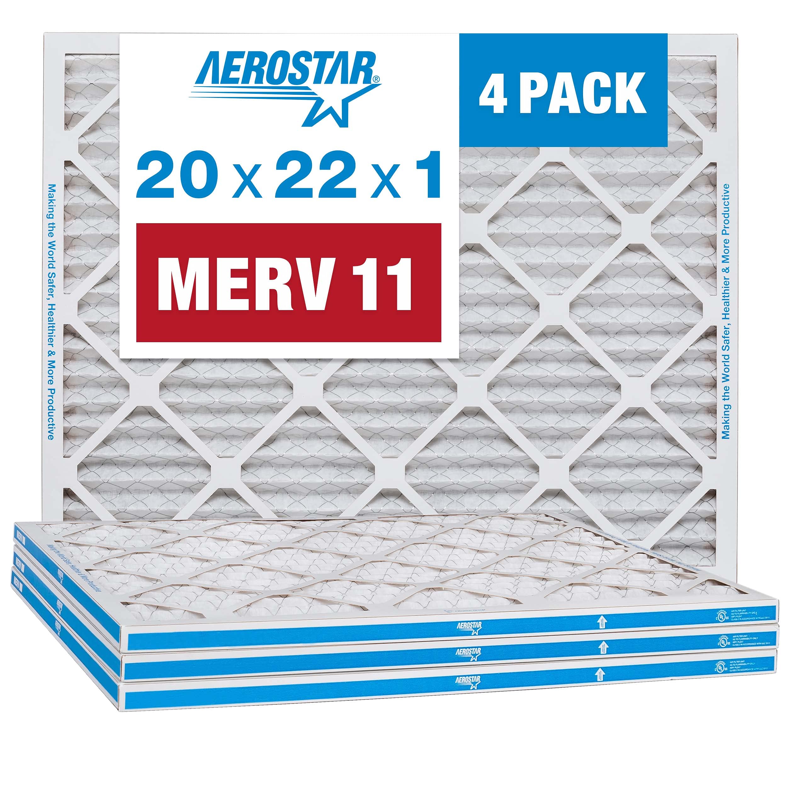 Aerostar 20x22x1 MERV 11 Pleated Air Filter, AC Furnace Air Filter, 4 Pack (Actual Size: 19 3/4"x21 3/4"x3/4")