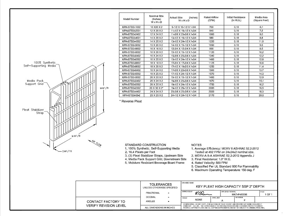 Sterling Seal and Supply (STCC) KP-5251184831x1 Purolator Key Pleat Extended Surface Pleated Air Filter, Mechanical MERV 8, 16" W x 16" H x 2" D