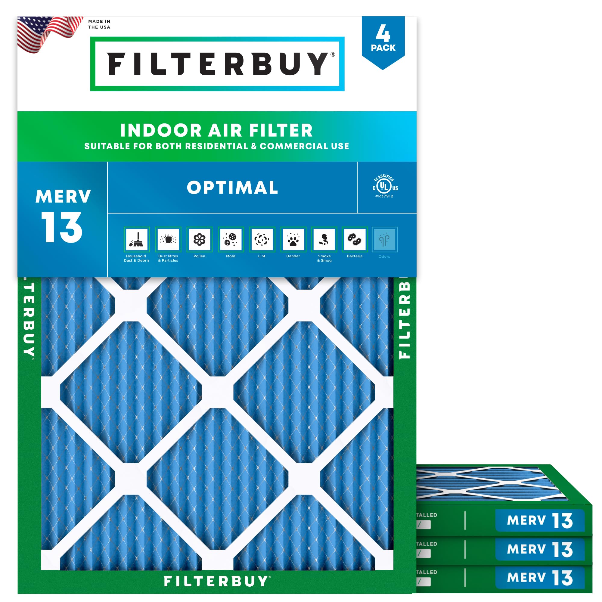 Filterbuy 16x20x1 Air Filter MERV 13 Optimal Defense (4-Pack), Pleated HVAC AC Furnace Air Filters Replacement (Actual Size: 15.50 x 19.50 x 0.75 Inches)