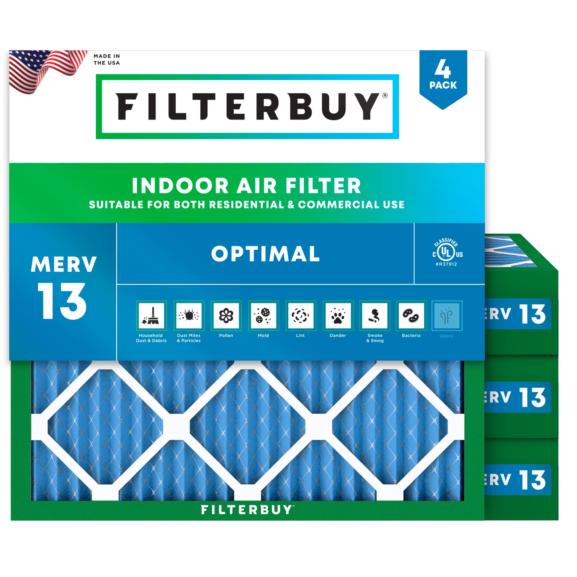 Filterbuy 20x20x4 Air Filter MERV 13 Optimal Defense (4-Pack), Pleated HVAC AC Furnace Air Filters Replacement (Actual Size: 19.50 x 19.50 x 3.63 Inches)