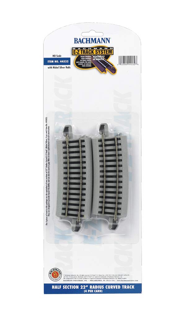 Bachmann Trains - Snap-Fit E-Z TRACK HALF SECTION 22” RADIUS CURVED (4/card) - NICKEL SILVER Rail With Gray Roadbed - HO Scale