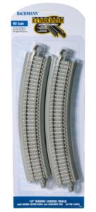 bachmann trains - snap fit e-z track nickel silver track with concrete ties on gray roadbed - 18” radius curved track (4/card) - ho scale, prototypical colors,44701