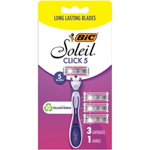 bic click 5 soleil women's disposable razors, 5 blades with a moisture strip for a smoother shave, 1 handle and 3 cartridges, 4 piece razor set