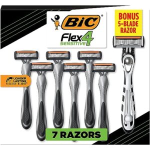 bic flex 4 sensitive titanium men's disposable razors with 4 blades with bonus bic flex 5 disposable razor, 8 razors total