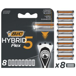 bic hybrid 5 flex men's razor refills with 5 moveable nano-tech titanium blades - box of 8 cartridges