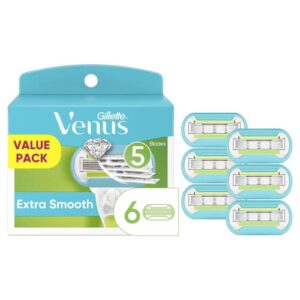 gillette venus extra smooth womens razor blade refills, 6 count, designed for a close, smooth shave, light blue