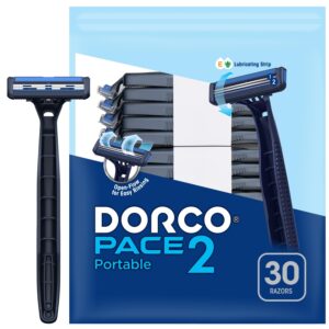 dorco pace 2 plus disposable razor 2 blades pivoting head open-flow for easy rinsing with lubricating strip and long non-slip rubber handle (30ct no rubber handle) | father's day gifts