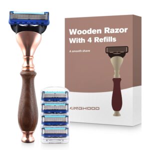 wooden 5 blades razor handle for men & women with 4 refills - the perfect shave companion