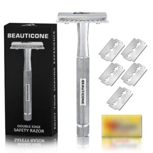 beauticone’s safety razor men & women│men’s shaving razors│3-pc double edge safety razor│closed comb razor with 5 blades (chrome plated finish)