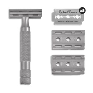 rockwell razors 6s stainless steel double-edge safety razor with 6 adjustable shave settings and 5 blades, 8 piece set, silver