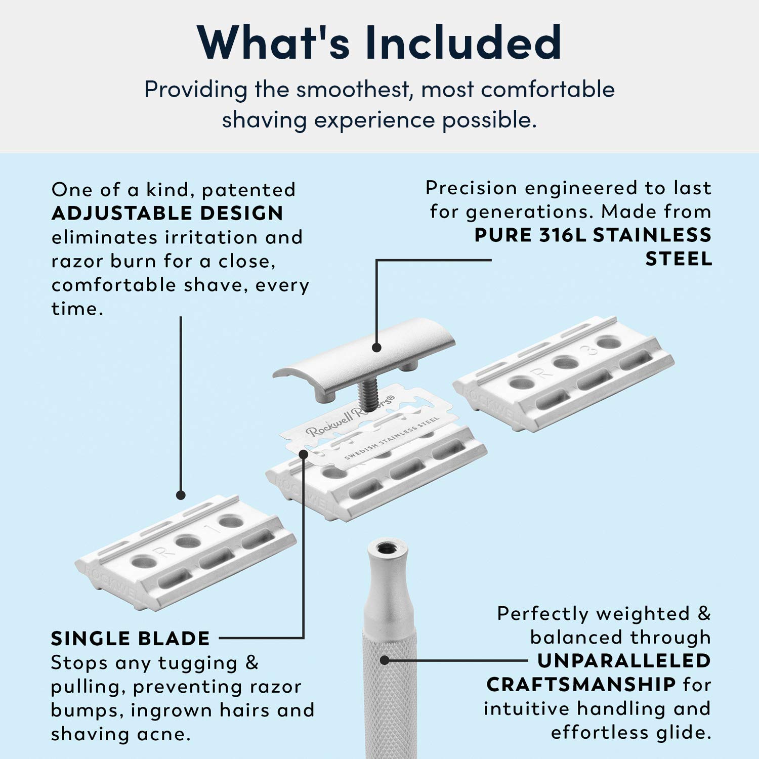 ROCKWELL RAZORS 6S Stainless Steel Double-Edge Safety Razor with 6 Adjustable Shave Settings and 5 Blades, 8 Piece Set, Silver