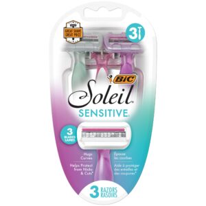 bic soleil sensitive women's disposable razors, 3 blades with moisture strip for a silky smooth shave, 3 piece razor set