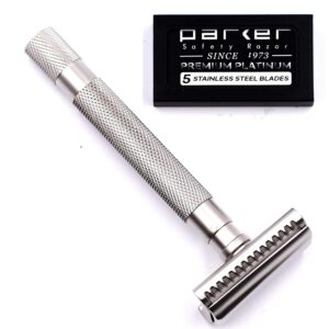 parker the semi slant, double edge safety razor and 5 parker blade refills - electroplated satin chrome solid brass handle - delivers a barbershop shave at home