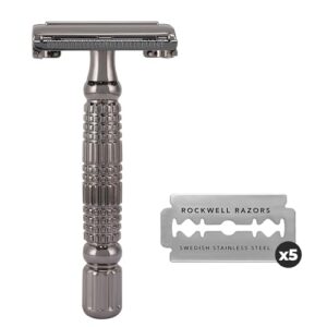 rockwell razors r1 double edge safety razor in gunmetal, butterfly open with 5 blades