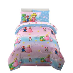 franco super mario girl princess peach girl gamer kids bedding super soft comforter and sheet set with sham, 5 piece twin size, (official licensed product)